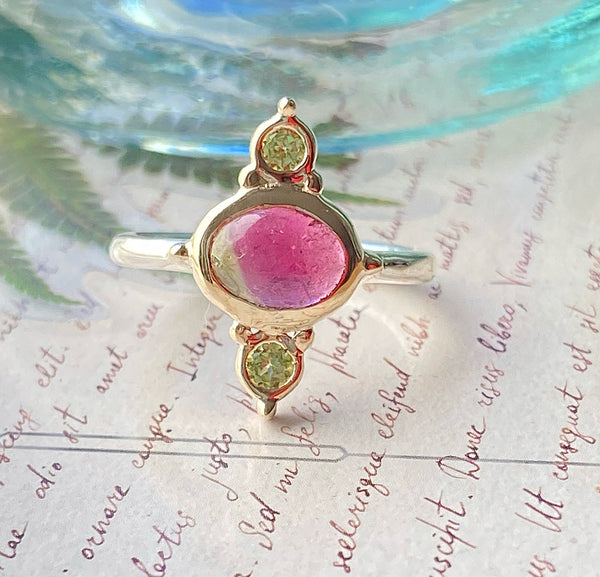 Watermelon Tourmaline & Peridot 14k Yellow Gold & Sterling Silver Ring ...